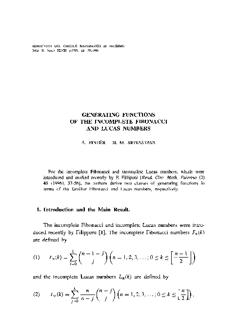 Pdf Generating Functions Of The Incomplete Fibonacci And Lucas Numbers H M Srivastava 