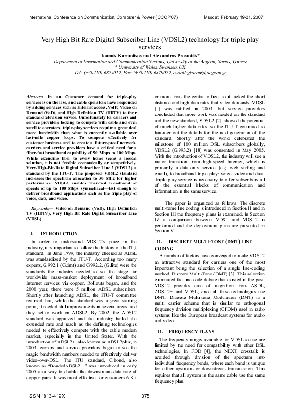 (PDF) Very High Bit Rate Digital Subscriber Line (VDSL2) technology for triple play services