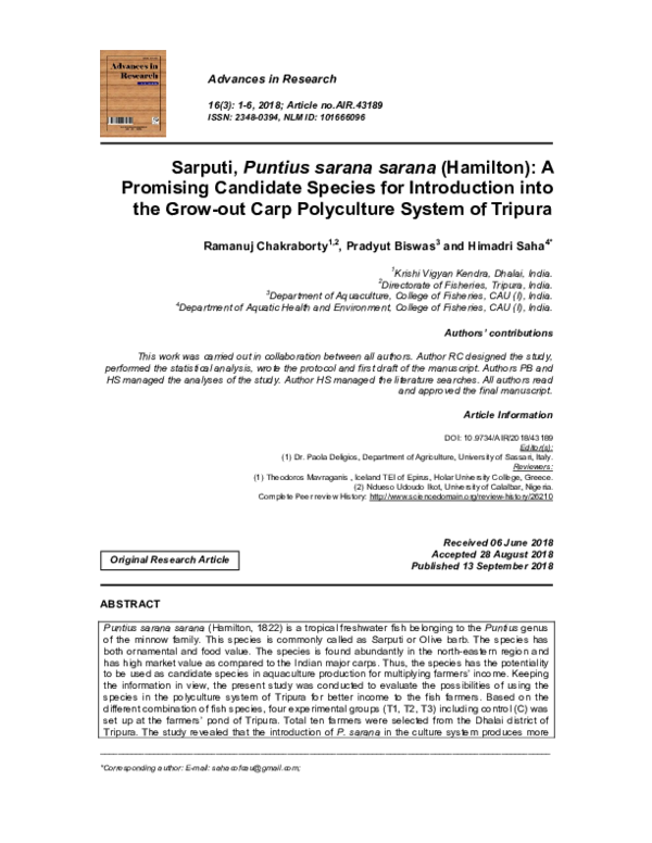 (PDF) Sarputi, Puntius sarana sarana (Hamilton): A Promising Candidate ...