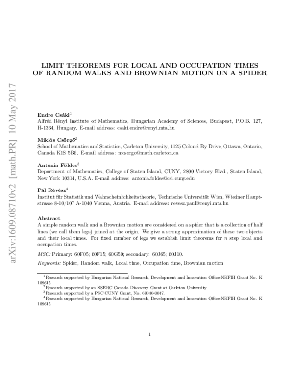 (PDF) Limit Theorems for Local and Occupation Times of Random Walks and Brownian Motion on a Spider