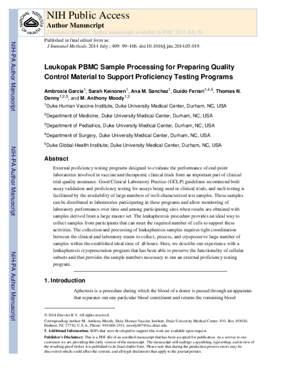 (PDF) Leukopak PBMC sample processing for preparing quality control ...