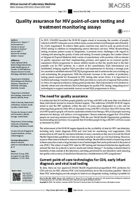 (PDF) Quality assurance for HIV point-of-care testing and treatment ...