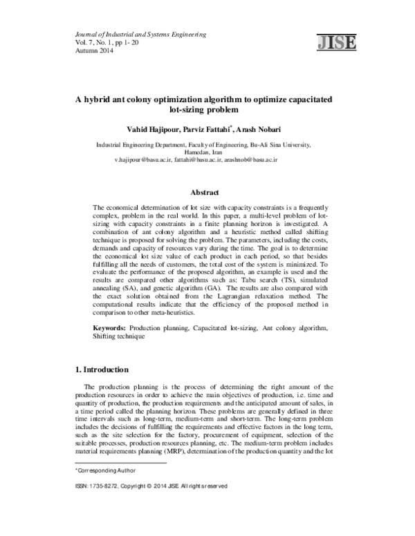 Pdf Hybrid Ant Colony Optimization For Capacitated Lot Sizing