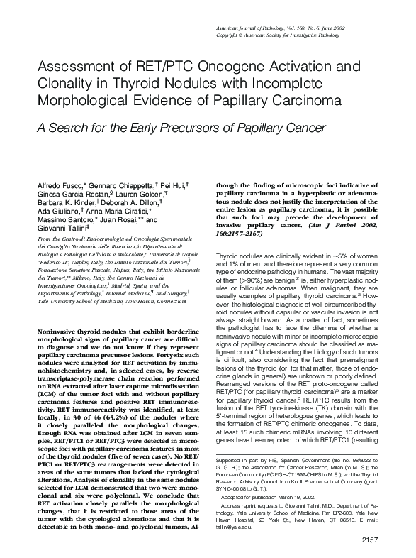 (PDF) Assessment of RET/PTC Oncogene Activation and Clonality in ...