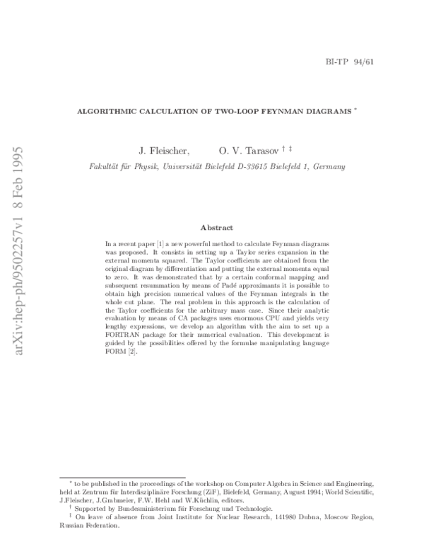 (PDF) Algorithmic Calculation of Two-Loop Feynman Diagrams