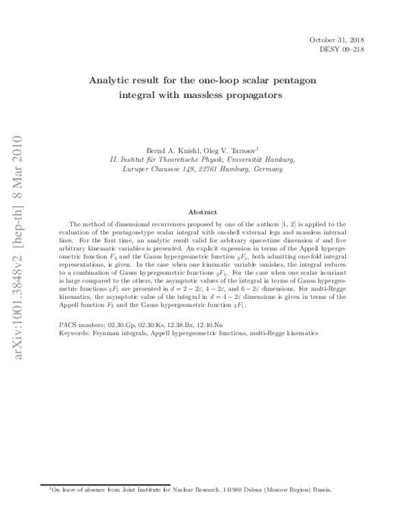 Pdf Analytic Result For The One Loop Scalar Pentagon Integral With