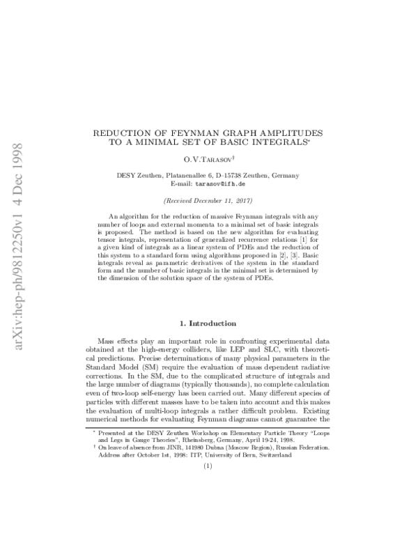 (PDF) Reduction of Feynman graph amplitudes to a minimal set of basic integrals