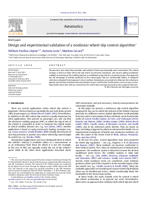(PDF) Design and experimental validation of a nonlinear wheel slip ...