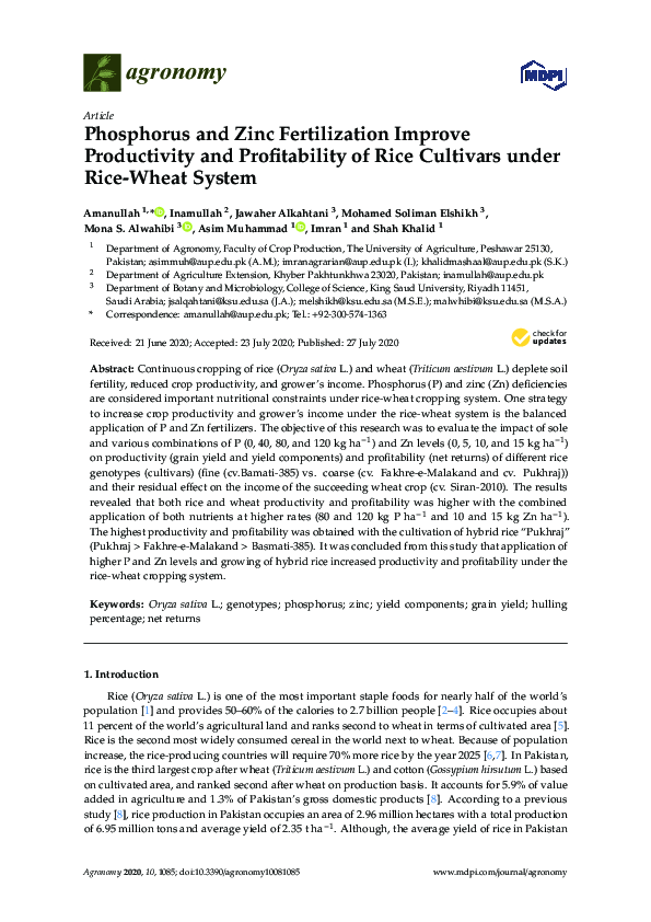 (PDF) Phosphorus and Zinc Fertilization Improve Productivity and ...