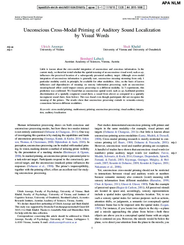 (PDF) Unconscious Cross-Modal Priming of Auditory Sound Localization by ...