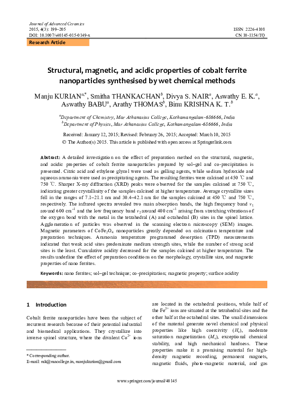 (PDF) Structural, magnetic, and acidic properties of cobalt ferrite nanoparticles synthesised by ...