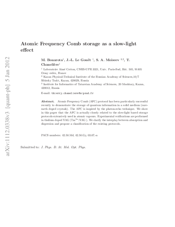 (PDF) Atomic frequency comb storage as a slow-light effect