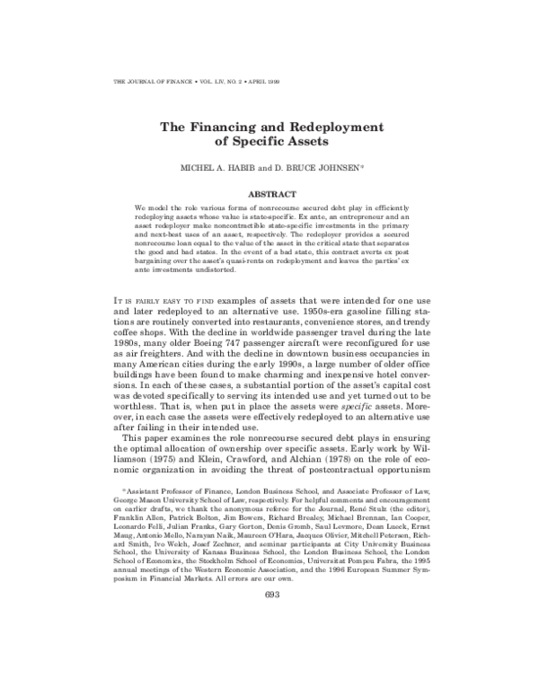 (PDF) The Financing and Redeployment of Specific Assets
