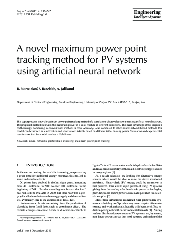 Pdf A Novel Maximum Power Point Tracking Method For Pv Systems Using Artificial Neural Network