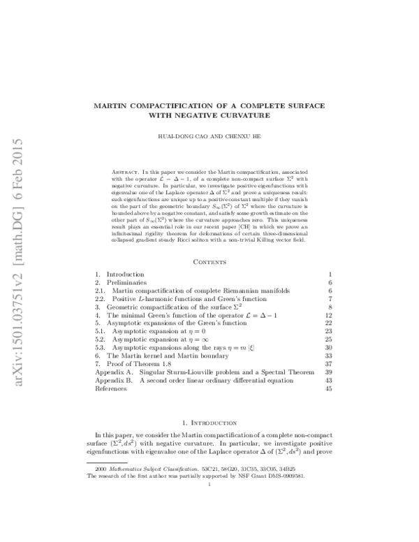 (PDF) Martin compactification of a complete surface with negative curvature