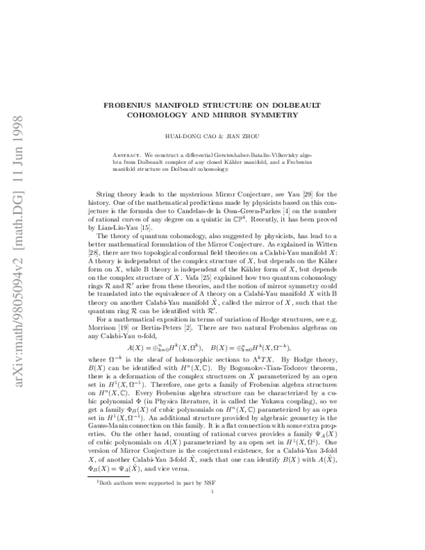 (PDF) Frobenius manifold structure on Dolbeault cohomology and mirror symmetry