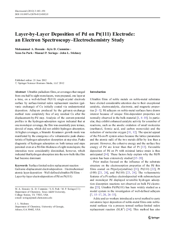 (PDF) Layer-by-Layer Deposition of Pd on Pt(111) Electrode: an Electron ...