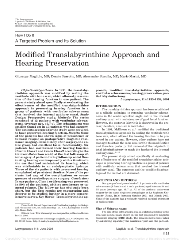 (PDF) Modified Translabyrinthine Approach and Hearing Preservation