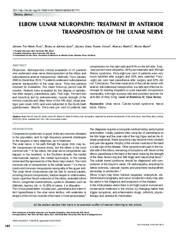 (PDF) Elbow Ulnar Neuropathy: Treatment by Anterior Transposition of ...
