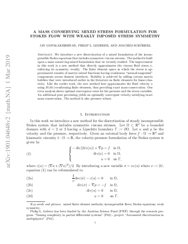 (PDF) A Mass Conserving Mixed Stress Formulation for Stokes Flow with Weakly Imposed Stress Symmetry