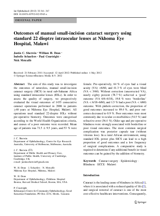 (PDF) Outcomes of manual small-incision cataract surgery using standard ...