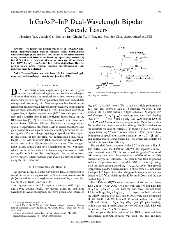 (PDF) InGaAsP-InP dual-wavelength bipolar cascade lasers