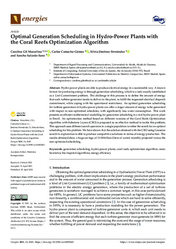 (PDF) Optimal Generation Scheduling in Hydro-Power Plants with the Coral Reefs Optimization ...