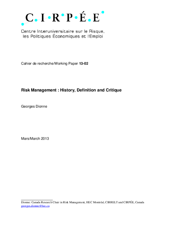 (PDF) Risk Management: History, Definition, and Critique