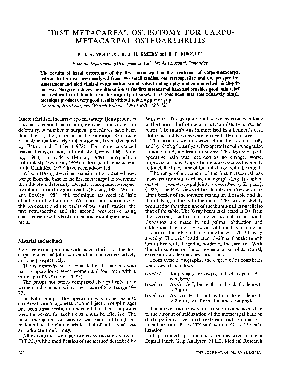 (PDF) First metacarpal osteotomy for carpometacarpal osteoarthritis