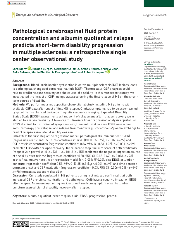 (PDF) Pathological cerebrospinal fluid protein concentration and ...
