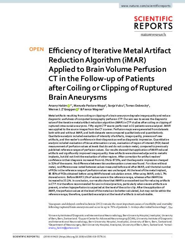 Pdf Efficiency Of Iterative Metal Artifact Reduction Algorithm Imar Applied To Brain Volume