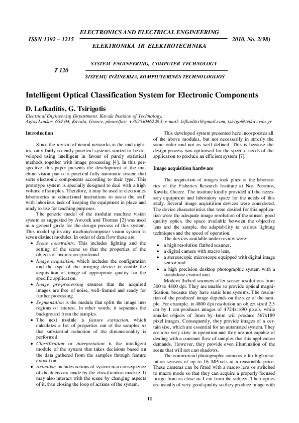 (PDF) Intelligent Optical Classification System for Electronic Components (PDF) Intelligent Optical Classification System for Electronic Components