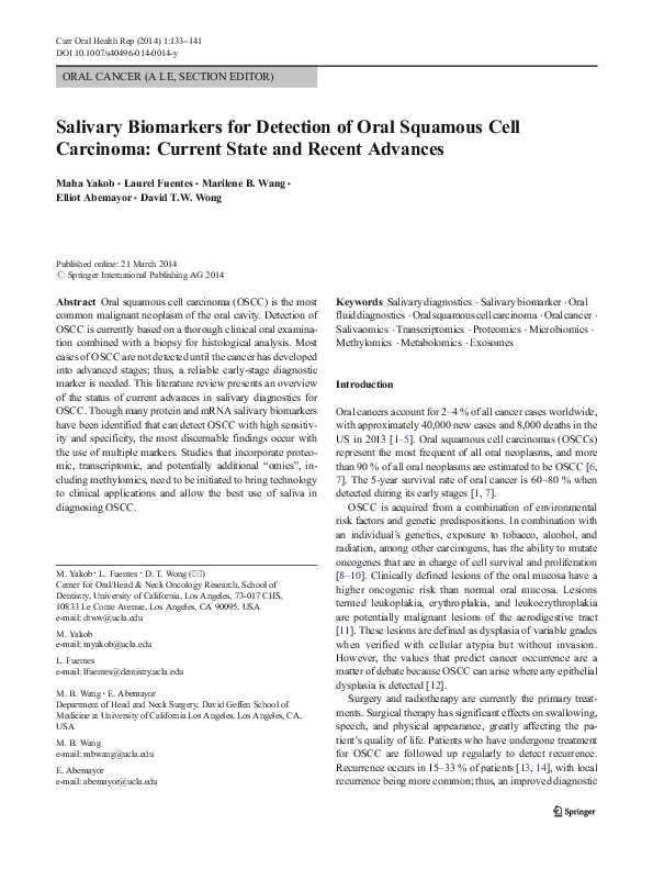 Pdf Salivary Biomarkers For Detection Of Oral Squamous Cell Carcinoma 1451