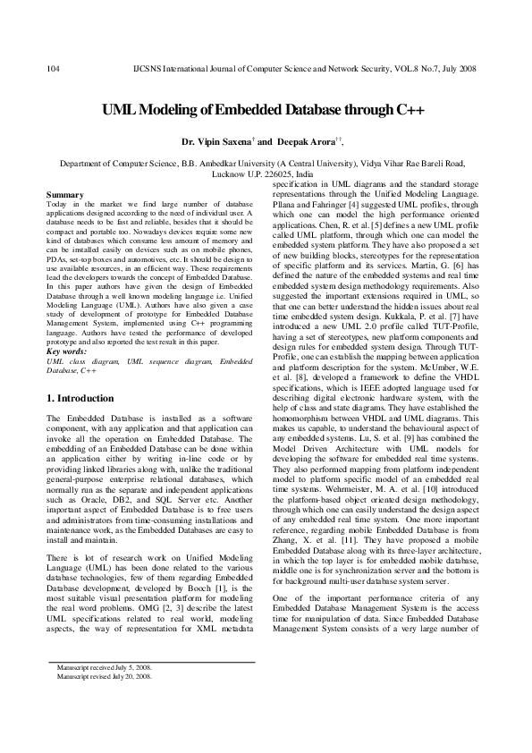 Pdf Uml Modeling Of Embedded Database Through C