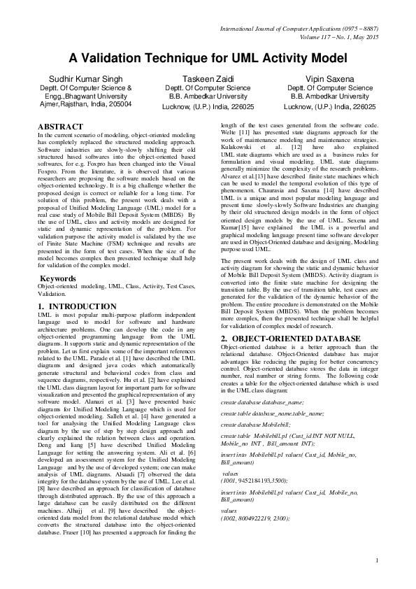 Pdf A Validation Technique For Uml Activity Model