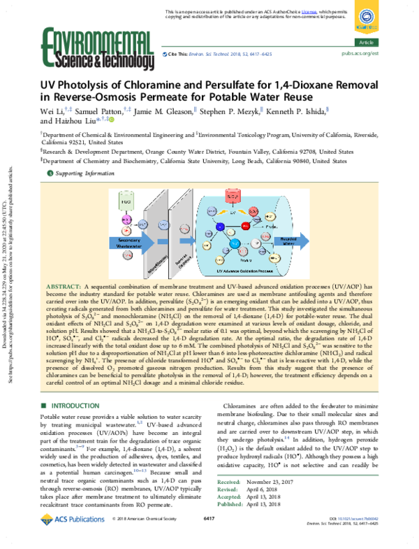 (PDF) UV Photolysis of Chloramine and Persulfate for 1,4-dioxane ...