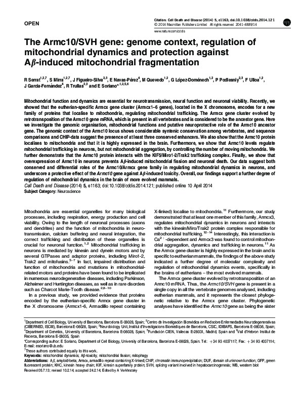 (PDF) The Armc10/SVH gene: genome context, regulation of mitochondrial ...