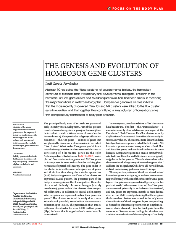 (PDF) The genesis and evolution of homeobox gene clusters