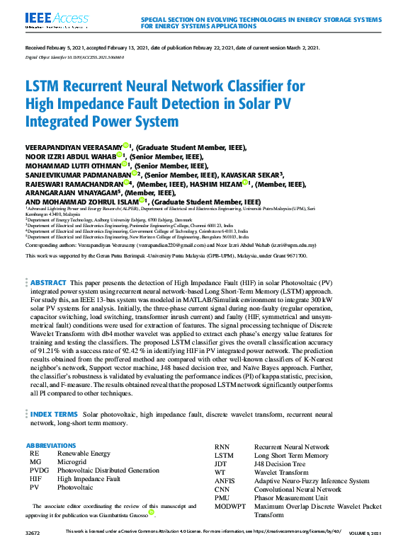Pdf Lstm Recurrent Neural Network Classifier For High Impedance Fault Detection In Solar Pv