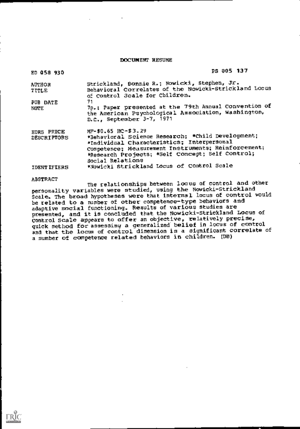 (PDF) Behavioral Correlates of the Nowicki-Strickland Locus of Control ...