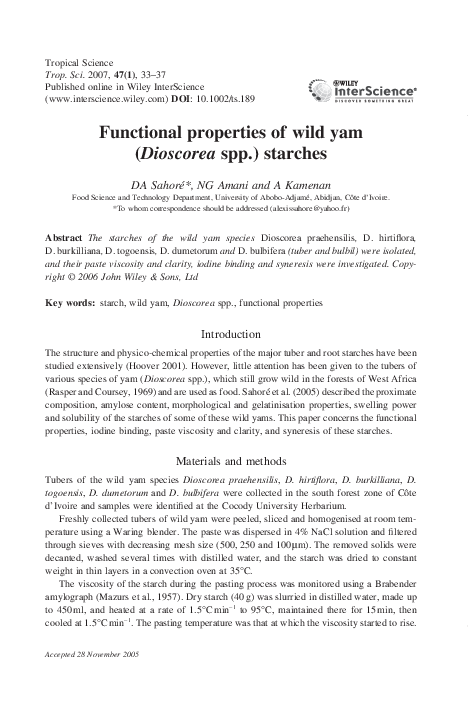 (PDF) Functional properties of wild yam (Dioscorea spp.) starches