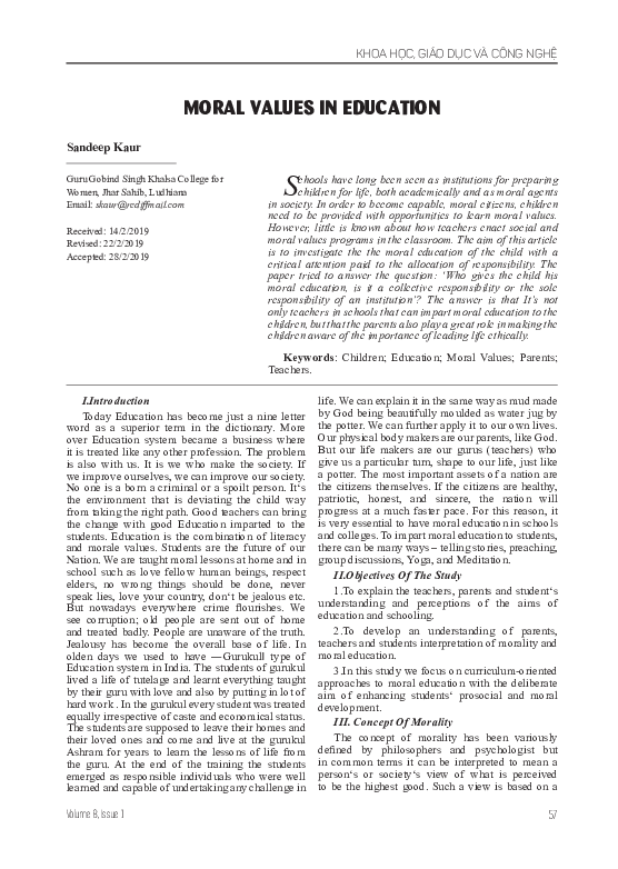 (PDF) Moral Values in Education