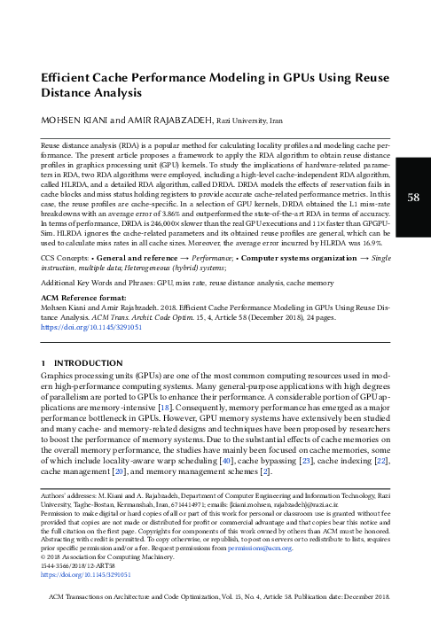 (PDF) Efficient Cache Performance Modeling in GPUs Using Reuse Distance Analysis