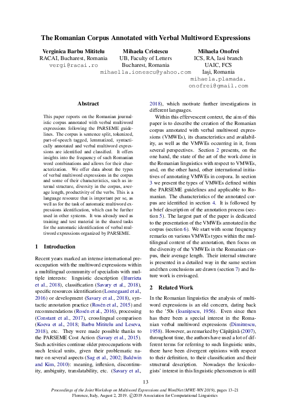 (PDF) The Romanian Corpus Annotated with Verbal Multiword Expressions