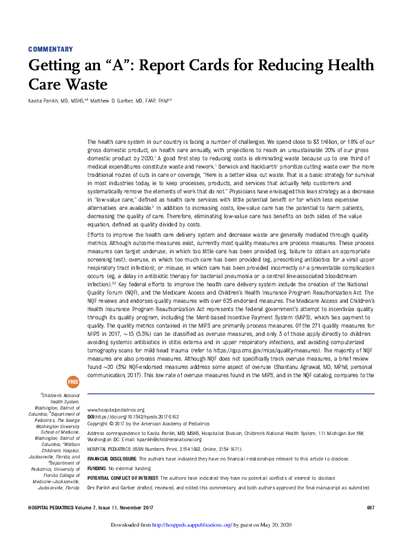 (PDF) Getting an “A”: Report Cards for Reducing Health Care Waste