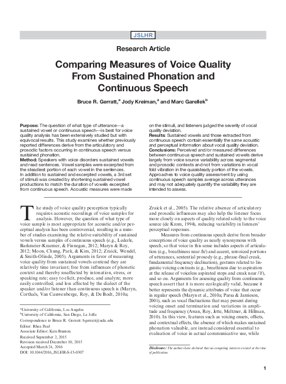 (PDF) Comparing Measures of Voice Quality From Sustained Phonation and ...