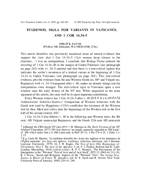 (PDF) Fuldensis, Sigla for Variants in Vaticanus, and 1 Cor 14.34–5