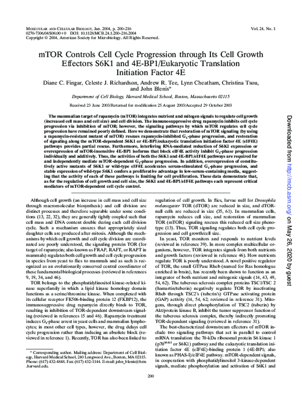 (PDF) mTOR Controls Cell Cycle Progression through Its Cell Growth ...