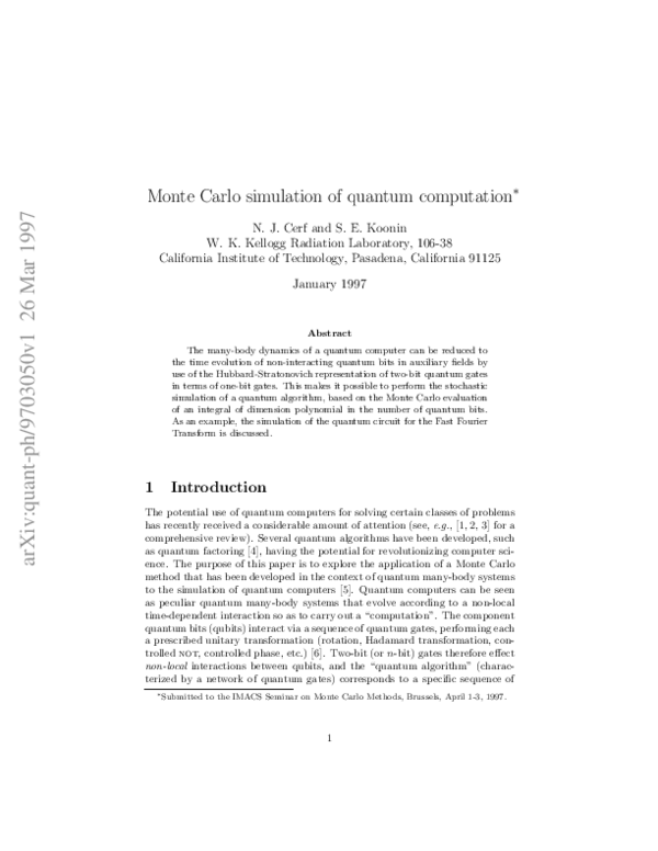 (PDF) Monte Carlo simulation of quantum computation