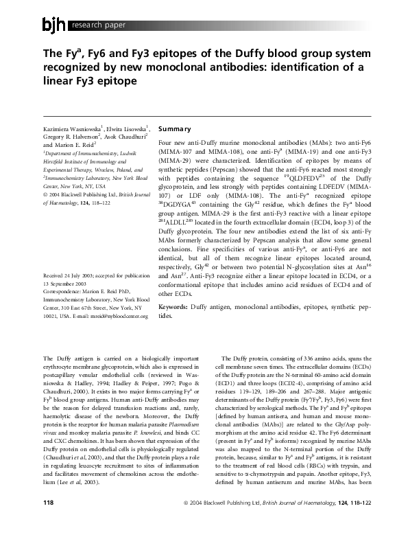 (PDF) The Fya, Fy6 and Fy3 epitopes of the Duffy blood group system ...